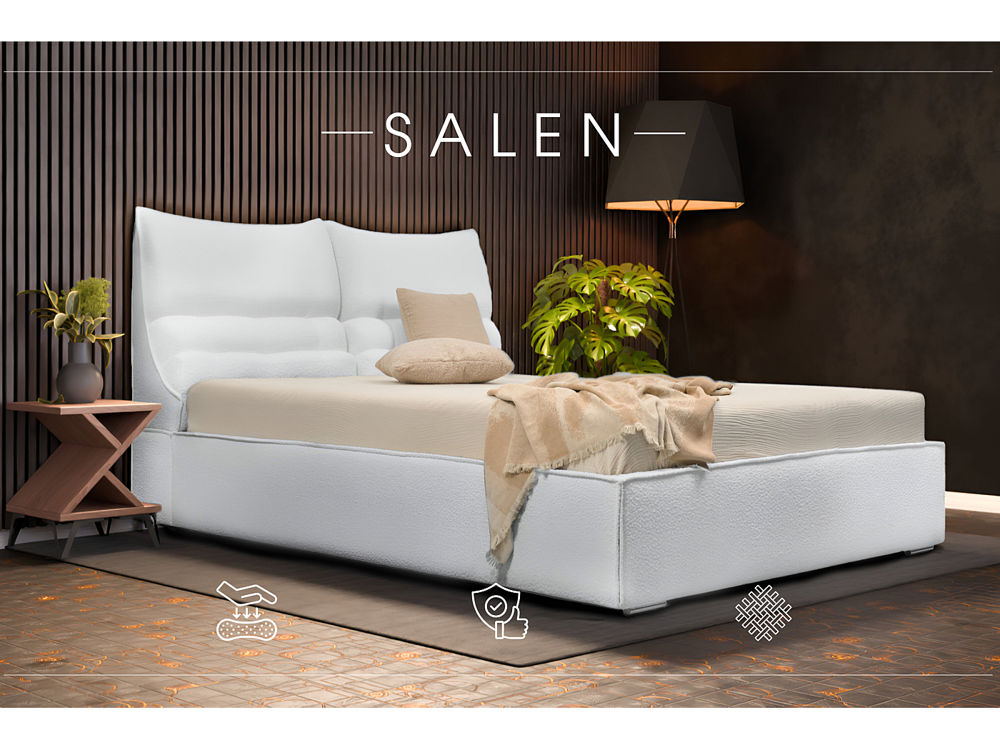 LIT TAPISSÉ en tissu bouclé Salen 200x200 cm, Baloo 2073 – Blanc