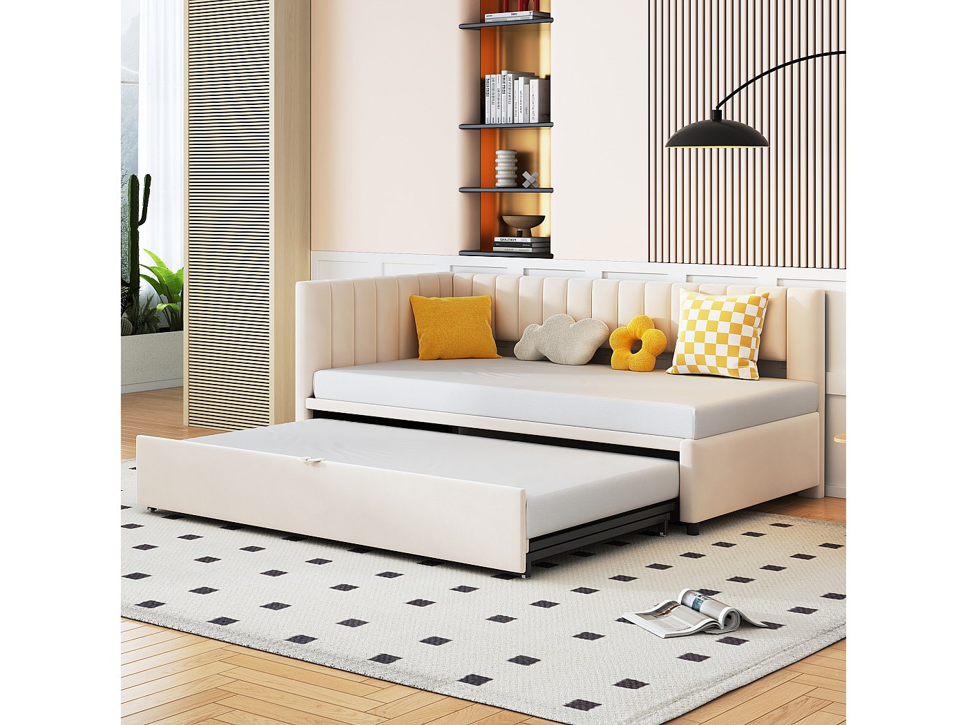 Lit enfant banquette 90/180x200cm beige en velours convertible, avec ...