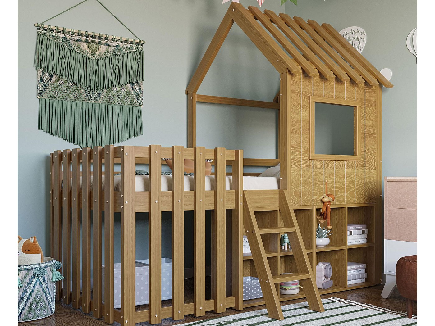 Cama cabaña infantil 90x200 cm - con tejado + ventana - con escalera de ...