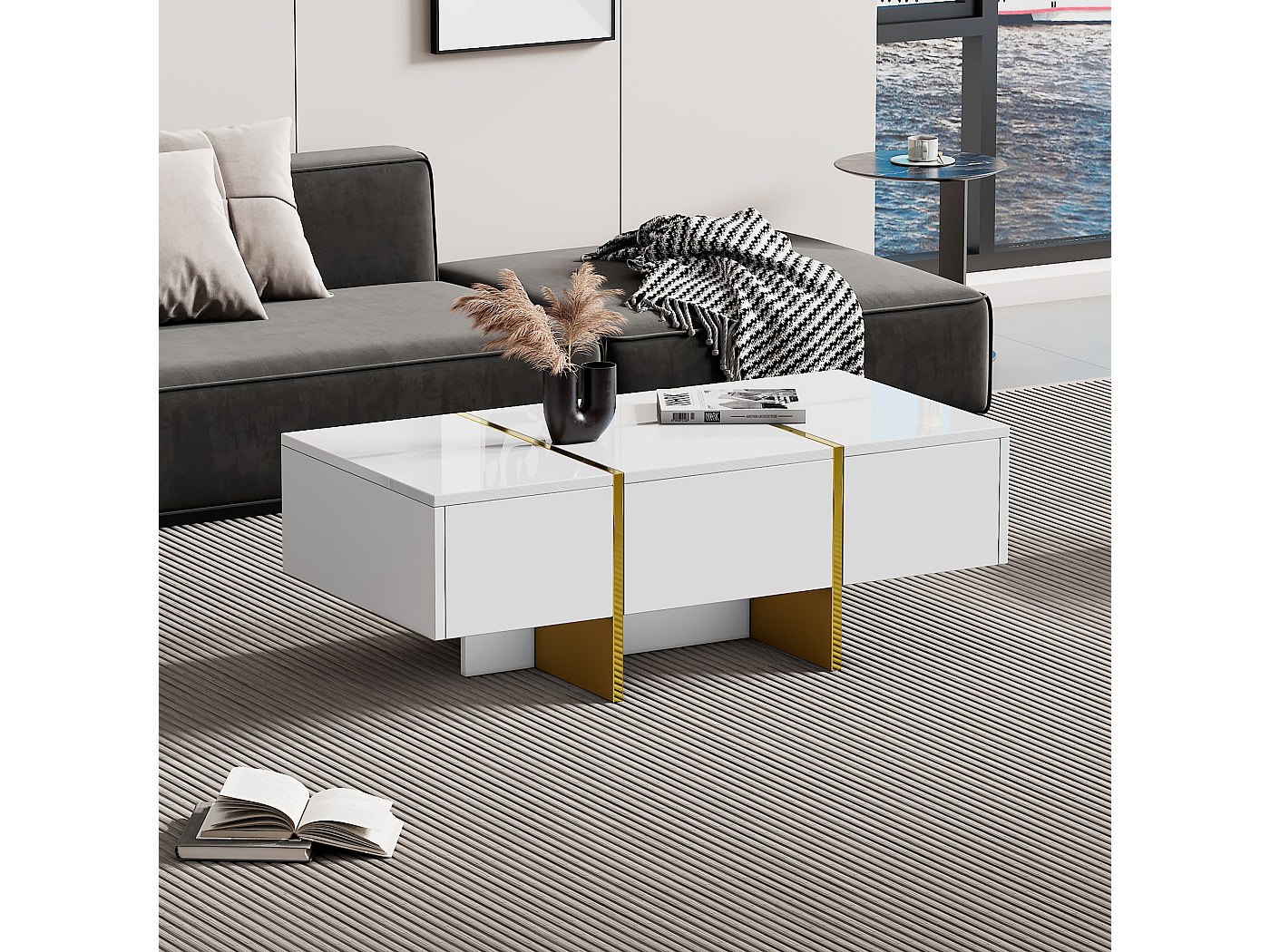 Table basse rectangle avec 2 tiroirs et 2 compartiments cachés, blanc et doré