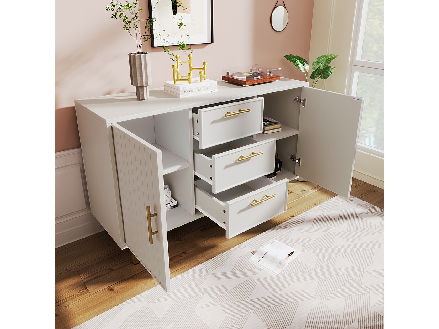 Dressoir 120x40x75,5cm met 3 lades en 2 deuren, gouden poten en ...