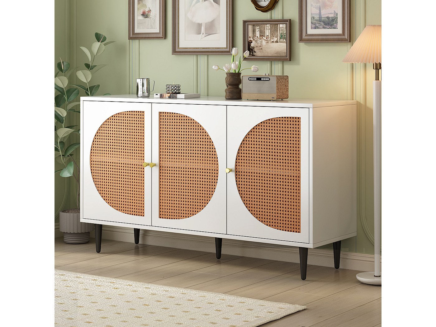 Dressoir 129,8x40x76cm met 3 rotan deuren, witte body en zwarte poten