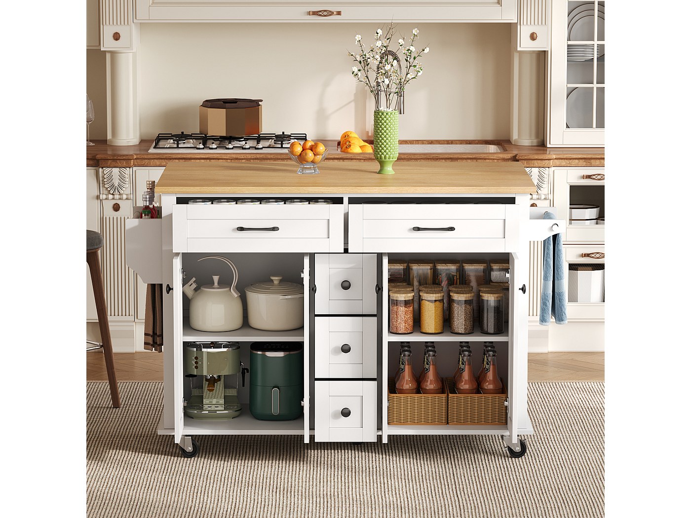 Keukentrolley op wielen met 5 lades en 4 deuren, uitschuifbaar blad in ...