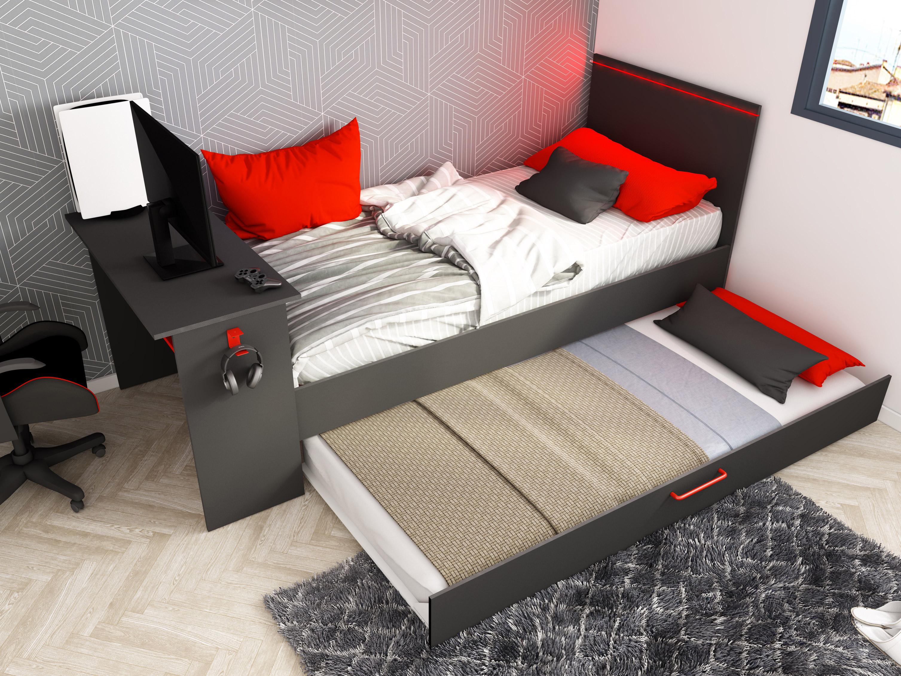 Lit Gigogne Gamer 2 X 90 X 200 Cm Avec Bureau Et LEDs Anthracite Et