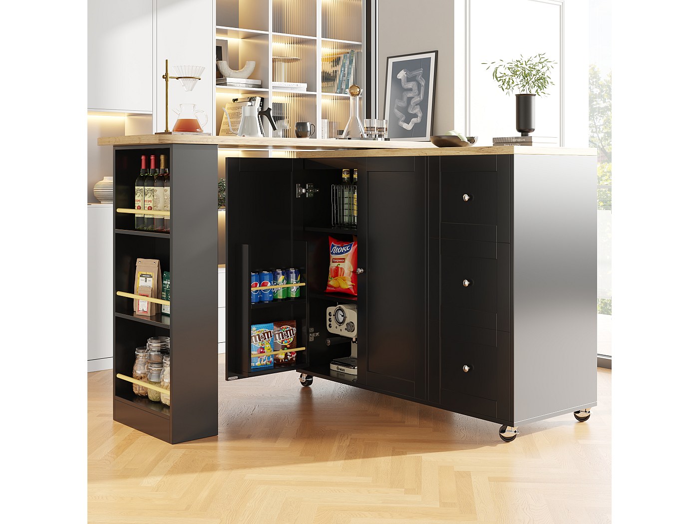 Meuble de bar pivotant sur roulettes avec 2 portes, 3 tiroirs et ...