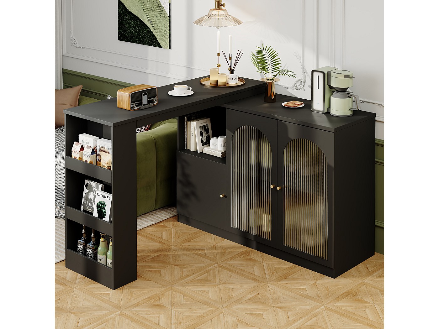 Meuble de bar pivotant avec 3 portes dont 2 portes en verre, étagères ...