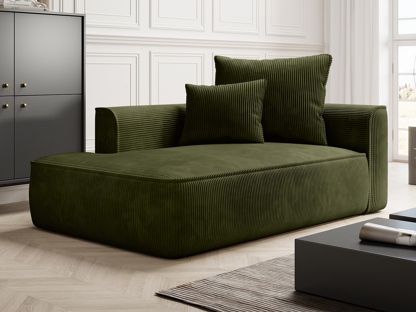 Méridienne droite en velours côtelé vert kaki PINETA