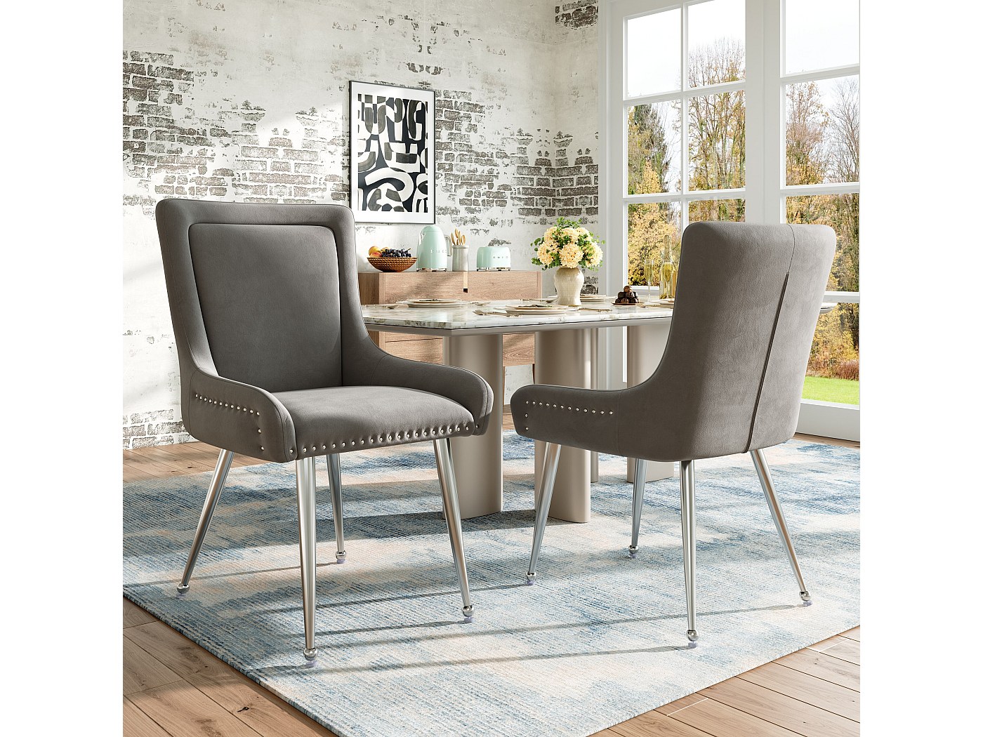 Lot de 2 chaises de salle à manger - velours gris - avec dossier et pieds réglables - pour salon ...