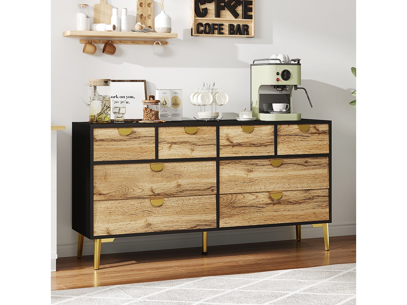 Bruine Dressoir - Dressoir met 8 lades en gouden metalen handgrepen - voor woonkamer en eetkamer