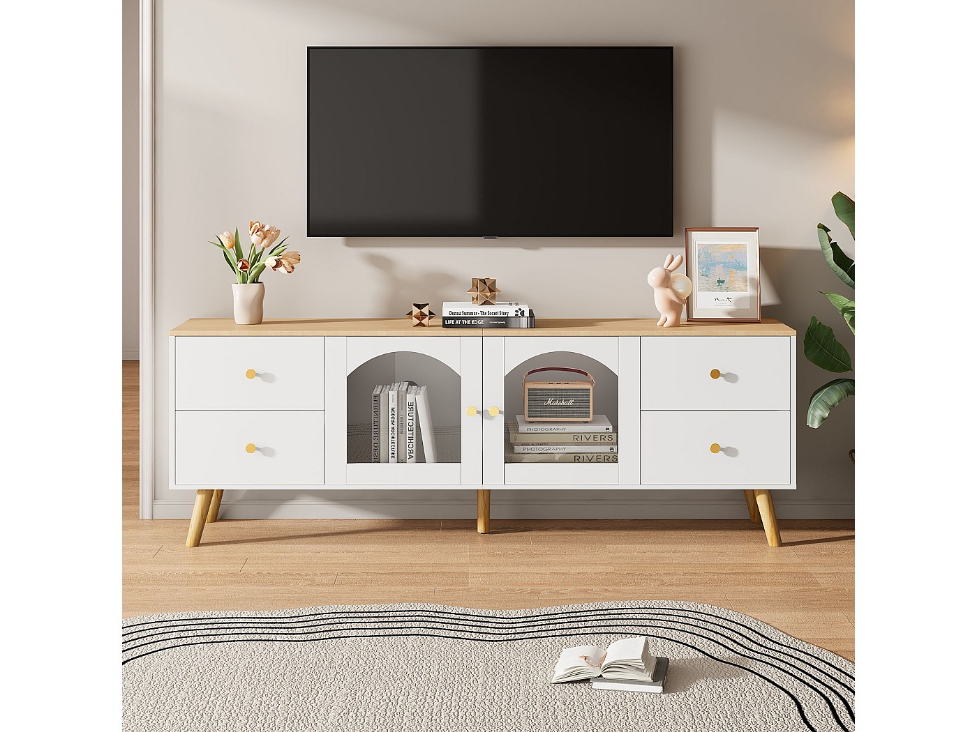 Mueble TV blanco - Mueble TV para salón con 2 puertas y 4 cajones ...