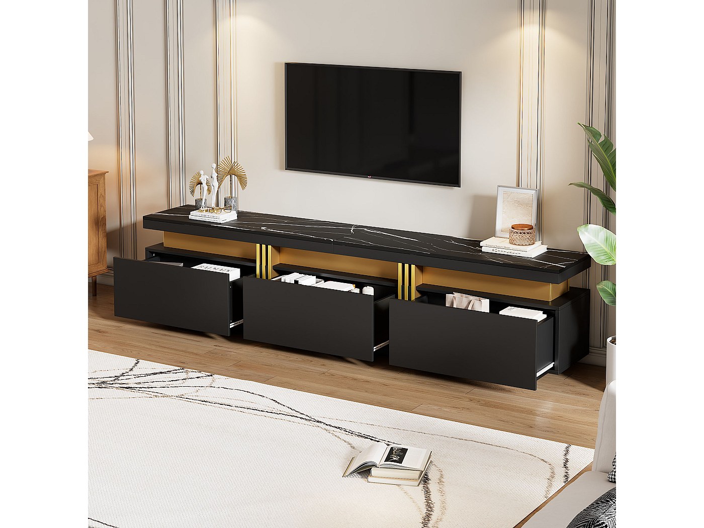 Mueble de TV rectangular - Mueble de TV con 3 cajones individuales y 1 pasacables - para TV de ...