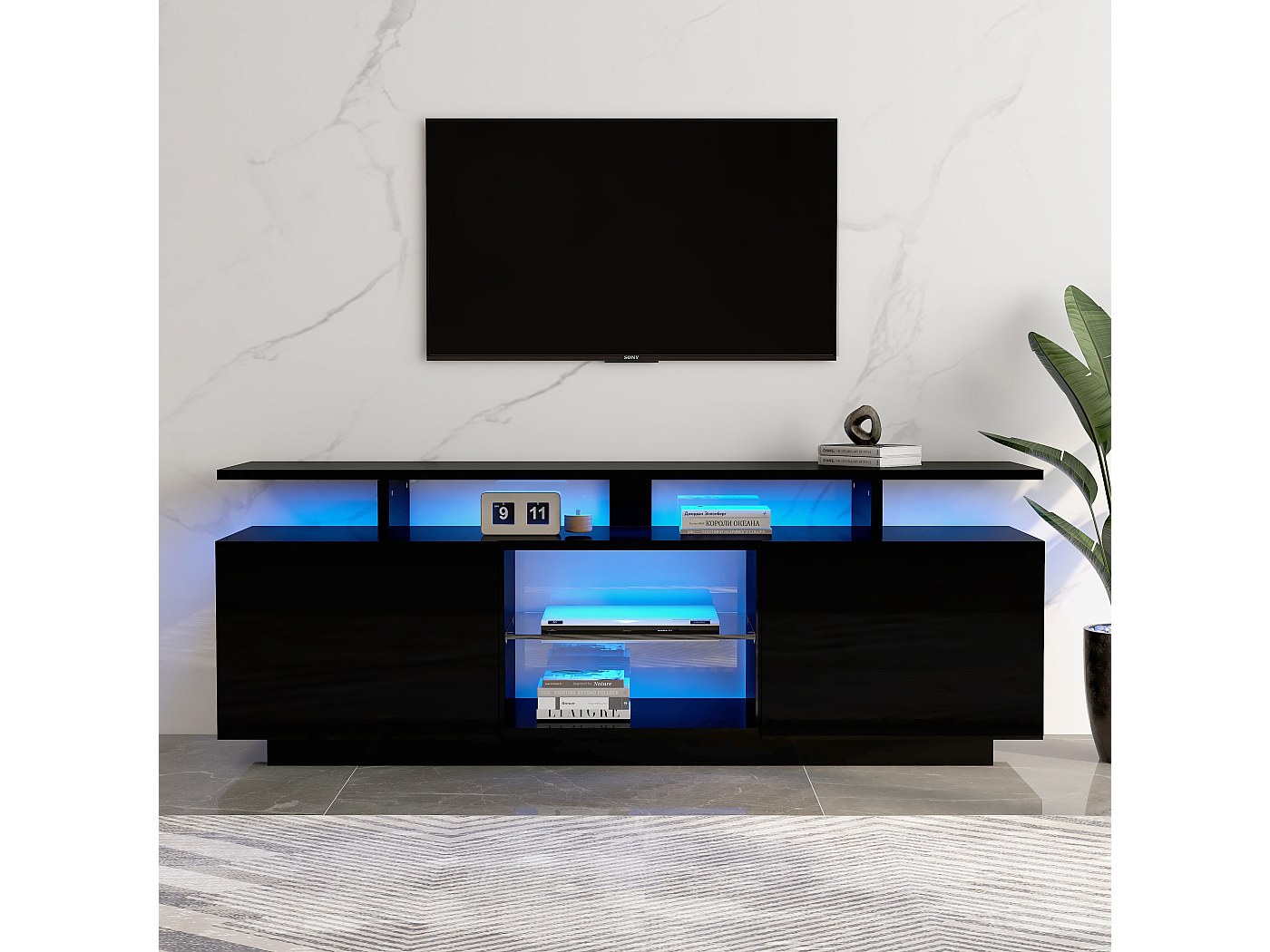 Mueble de TV moderno - Mueble de TV negro con 2 puertas y estantes ...