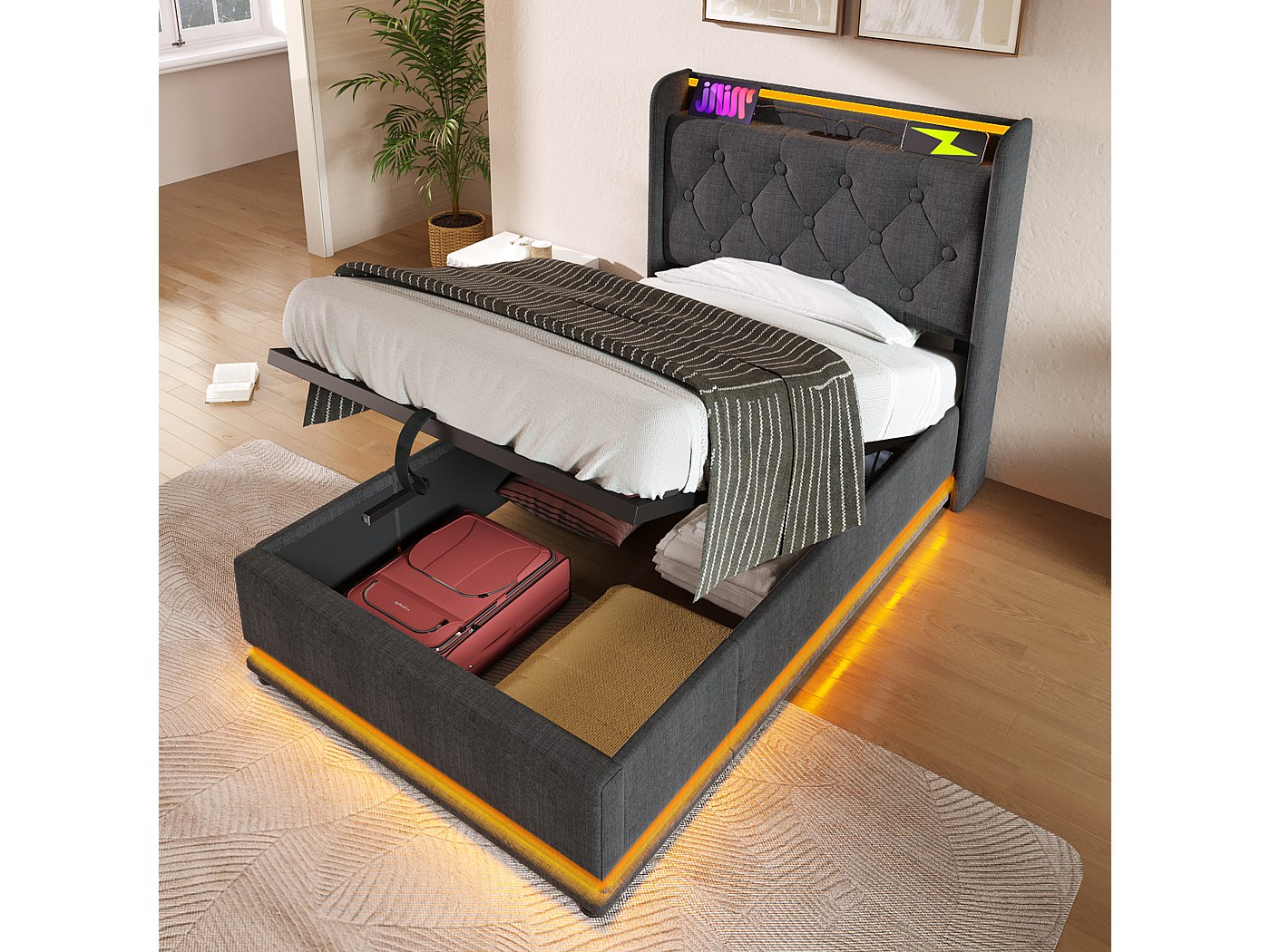 Cama con almacenaje 90x200 cm - Cama individual con LED y carga USB ...