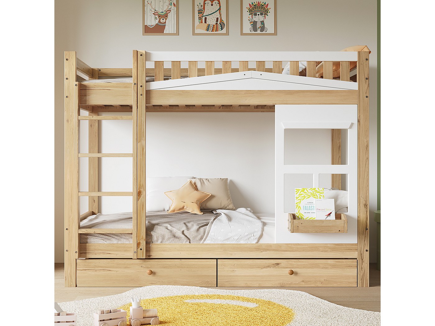 Litera de madera - 2x90x200 cm - con 2 cajones - natural