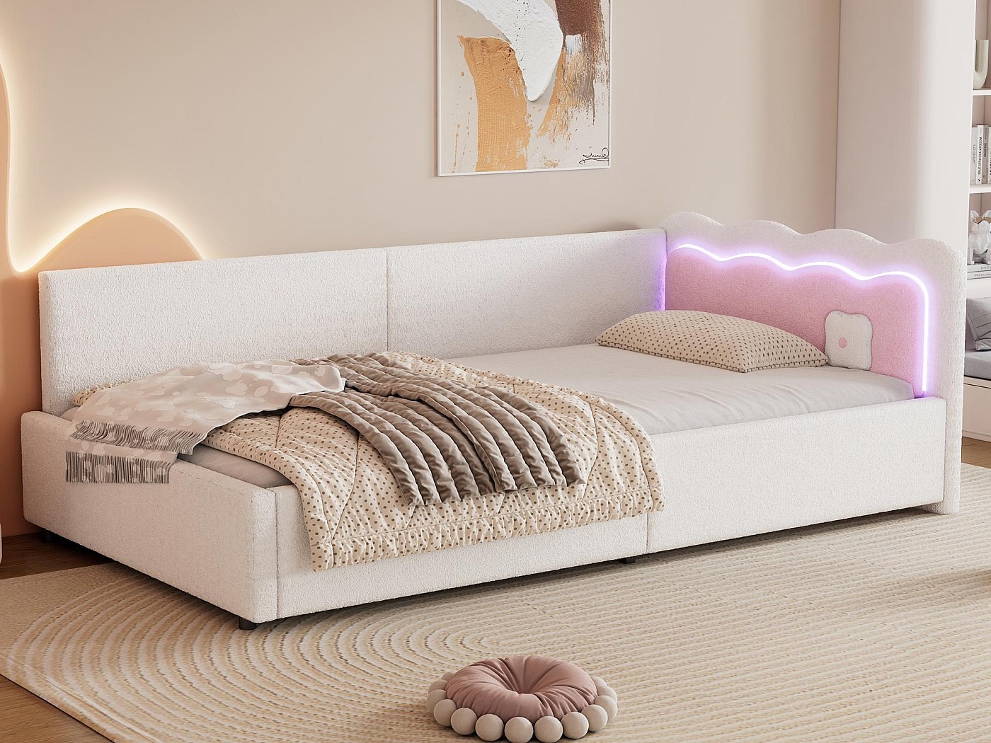 Lit banquette 90x200cm - avec éclairage LED - avec sommier à lattes - blanc