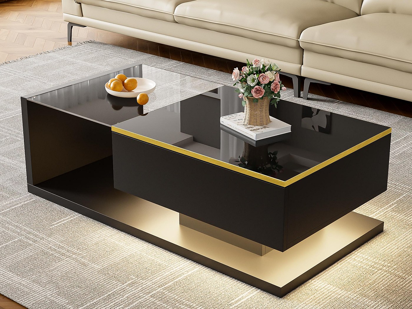 Table basse moderne - Verre - Éclairage LED - Rangement - noir