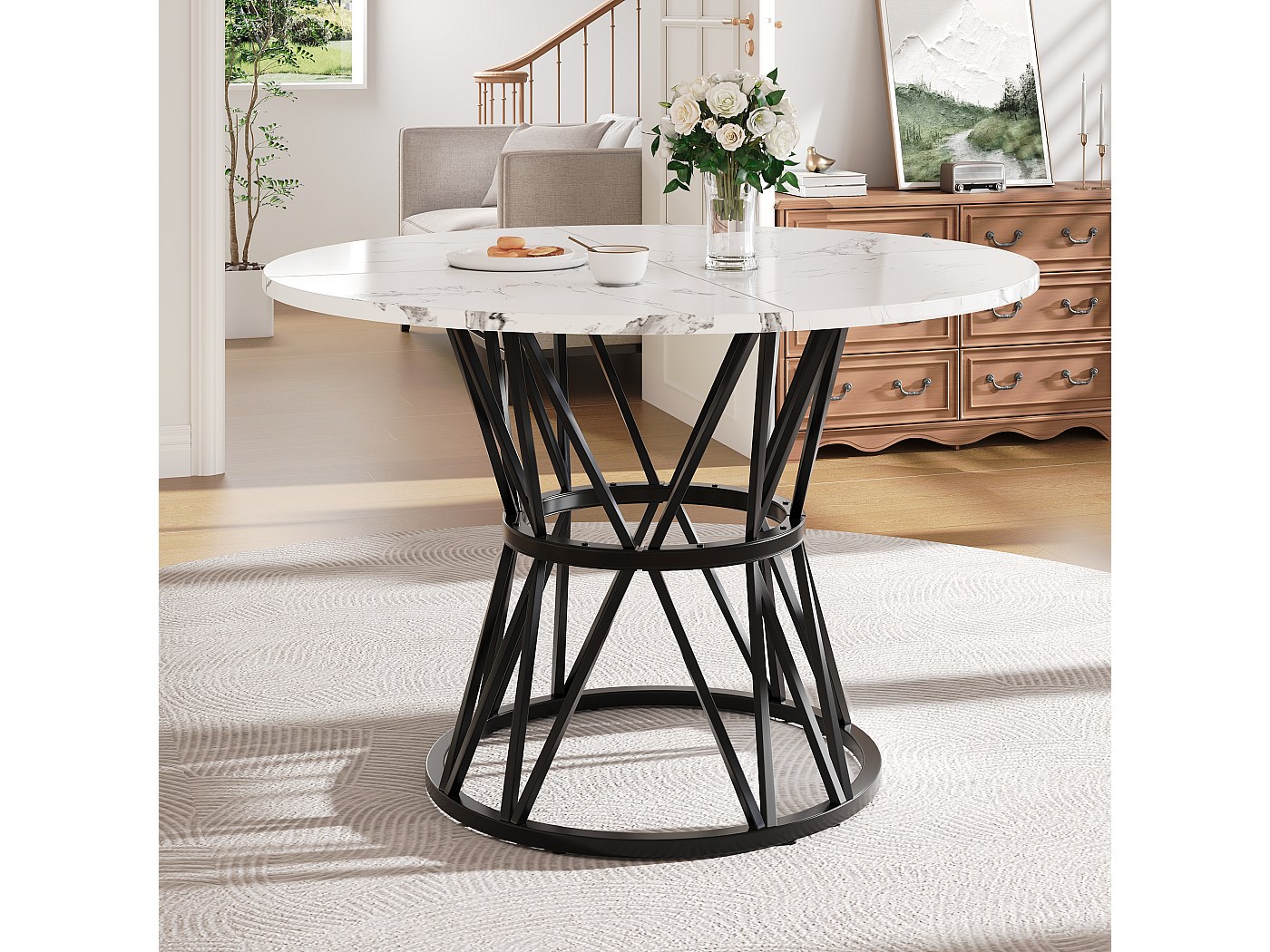 Ronde eettafel 100x100x76cm voor 4 personen met wit marmeren fineer ...