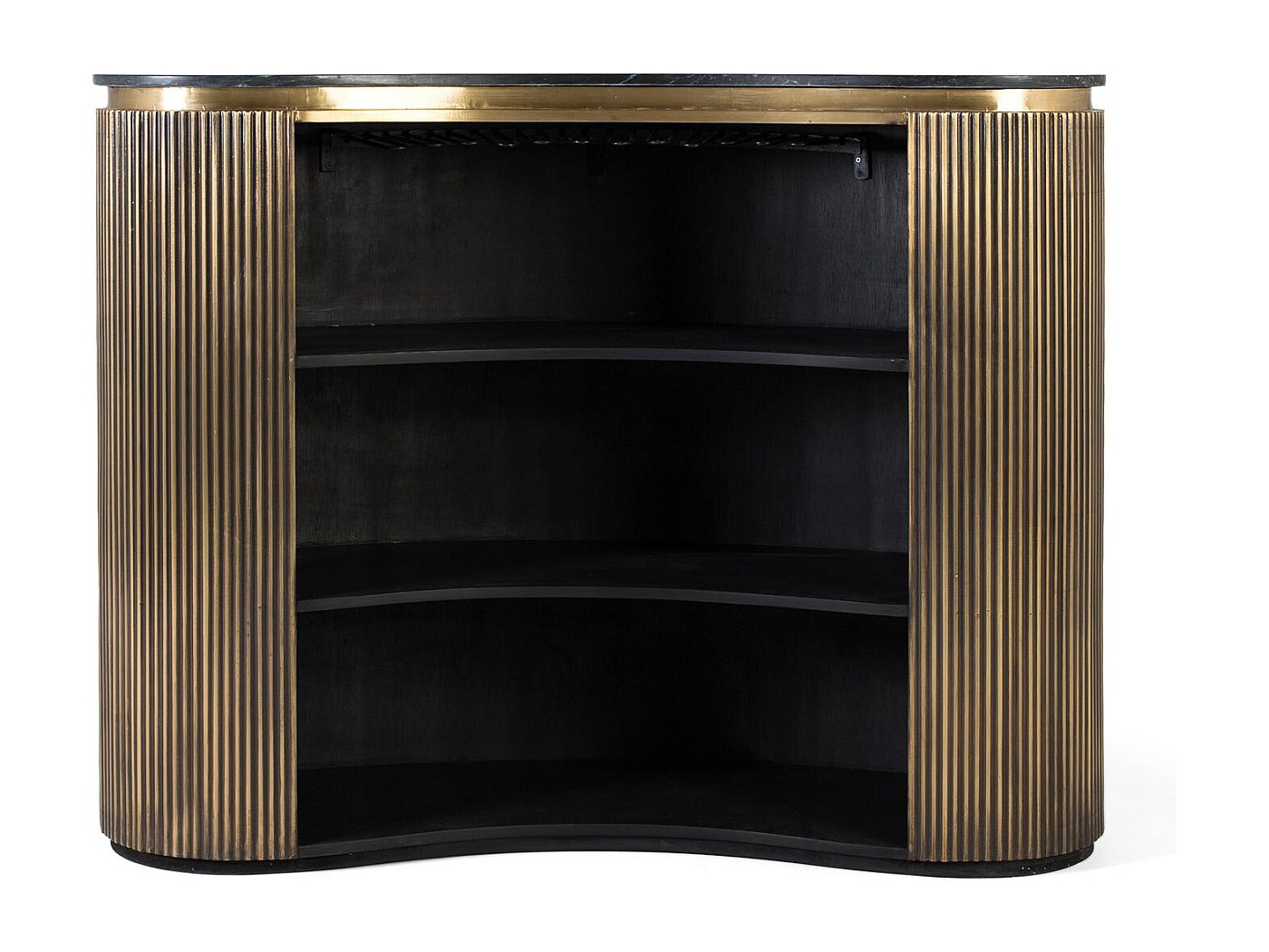 Meuble bar avec façade incurvée dorée et étagères à l'intérieur