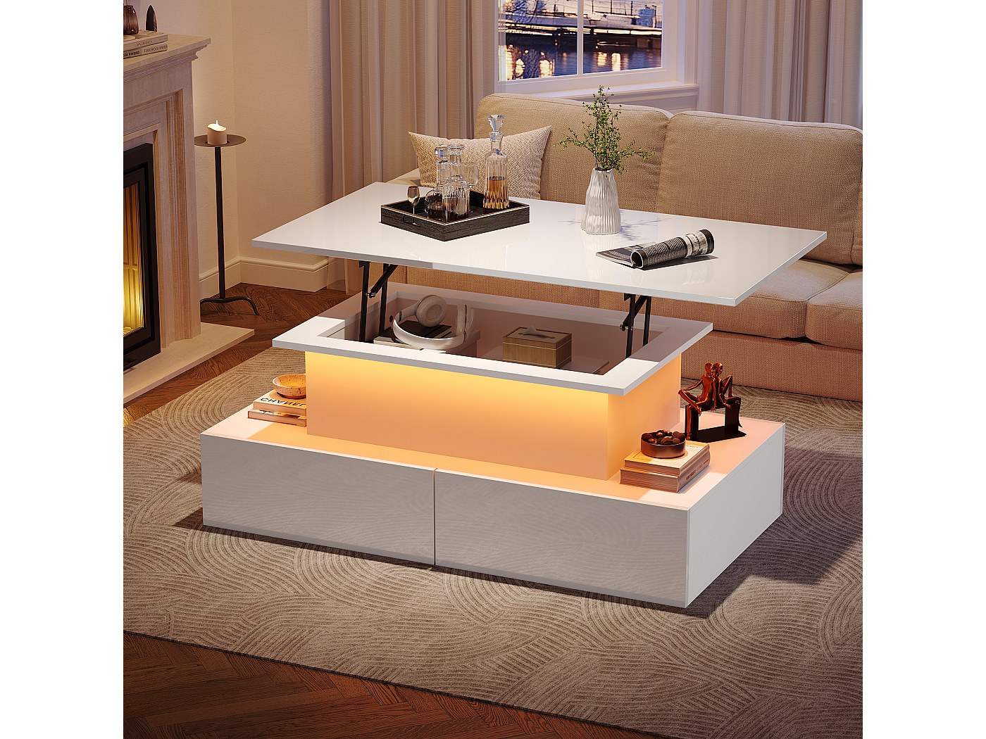 Mesa de centro elevable - 90 x 55 x 41 cm - moderna de alto brillo con LED + 4 cajones ...