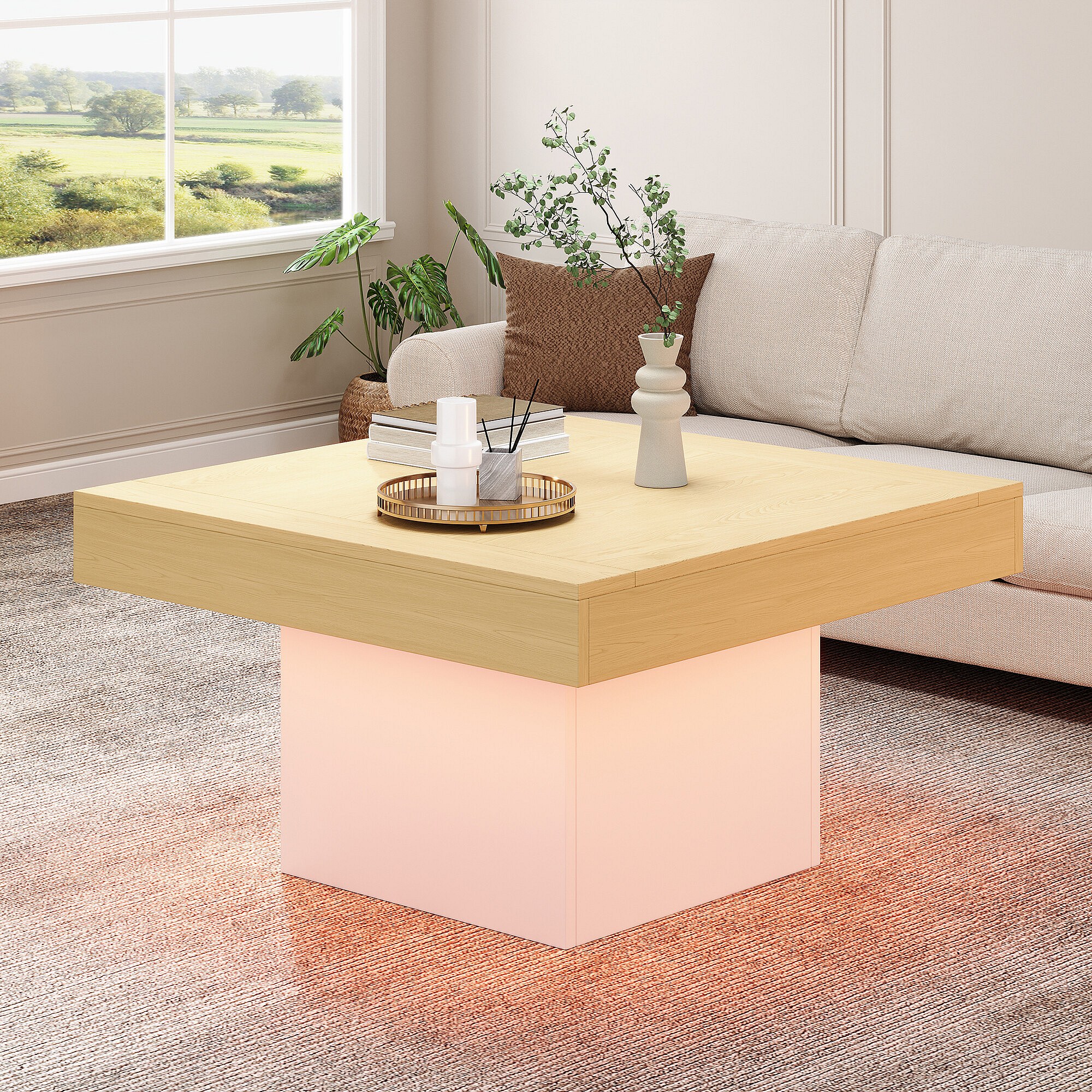 URBAN MEUBLE Table basse effet bois et base blanche avec éclairage LED ...