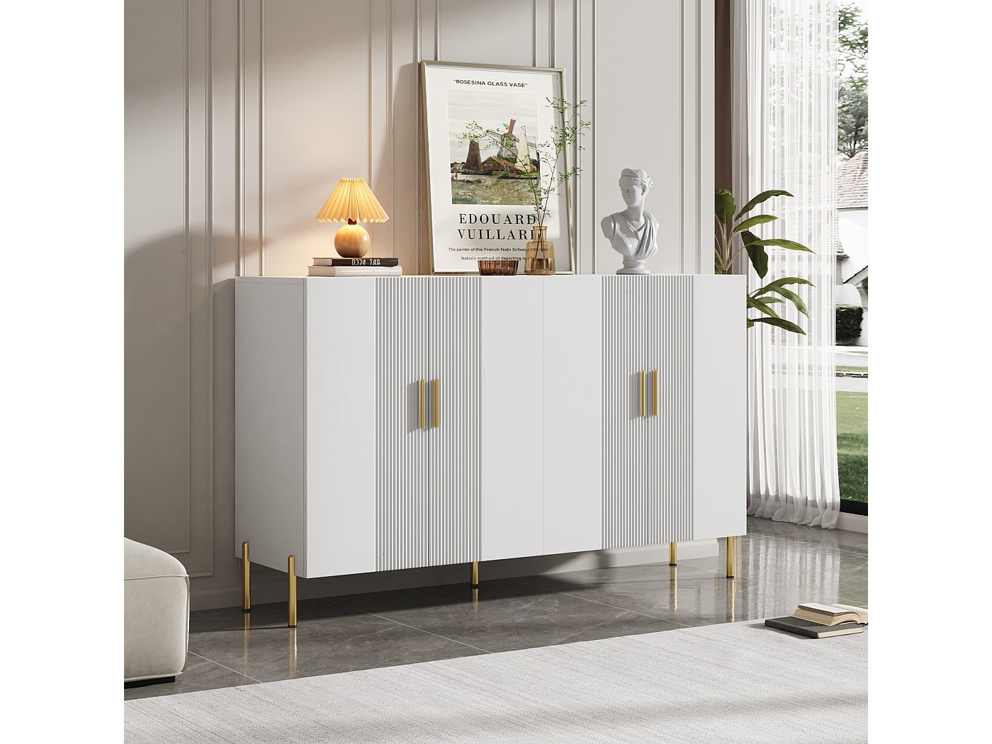 Buffet moderne blanc buffet bas 4 portes pour salon pieds en métal ...
