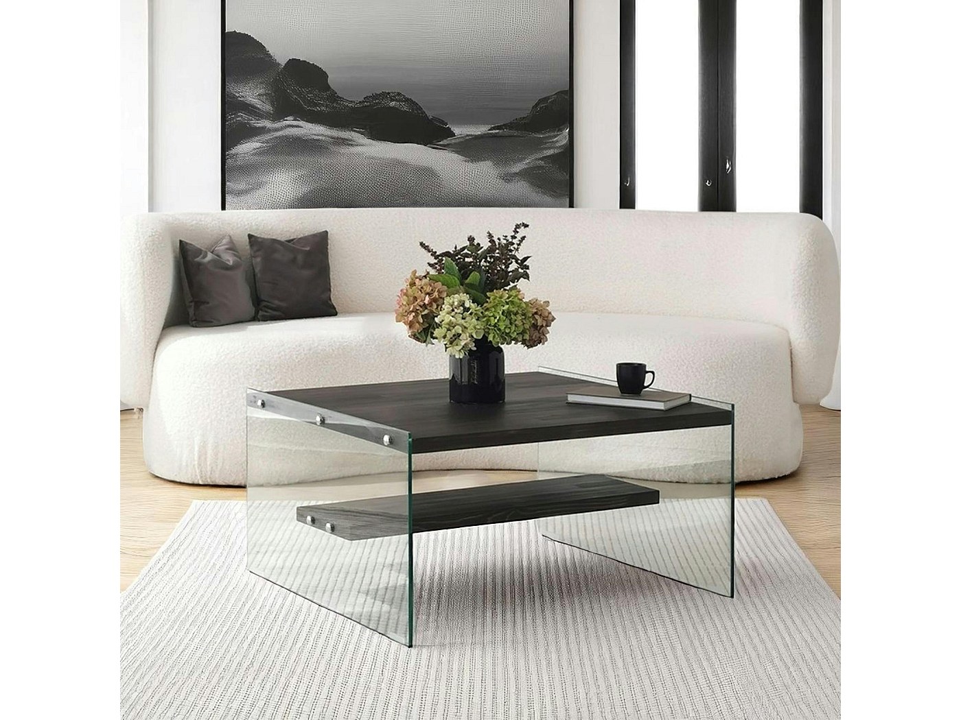 Table basse verre et bois - plateaux gris suspendus, LHASA