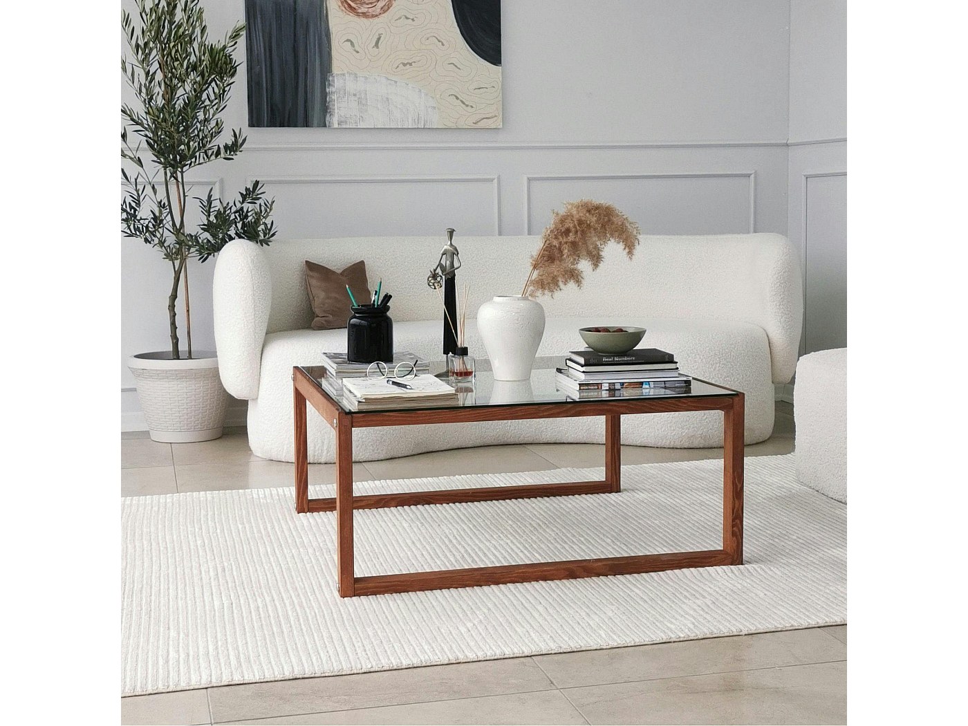 Table basse carrée en verre et bois brun LHASA