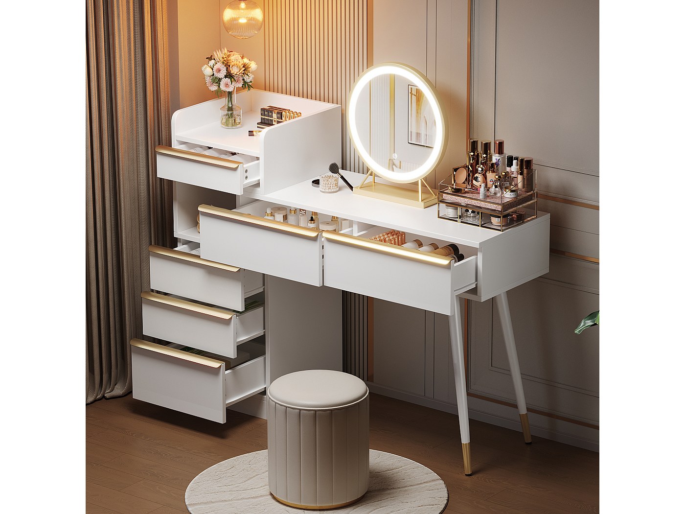 Coiffeuse avec plateau extensible,6 tiroirs et poignées dorées,miroir ...