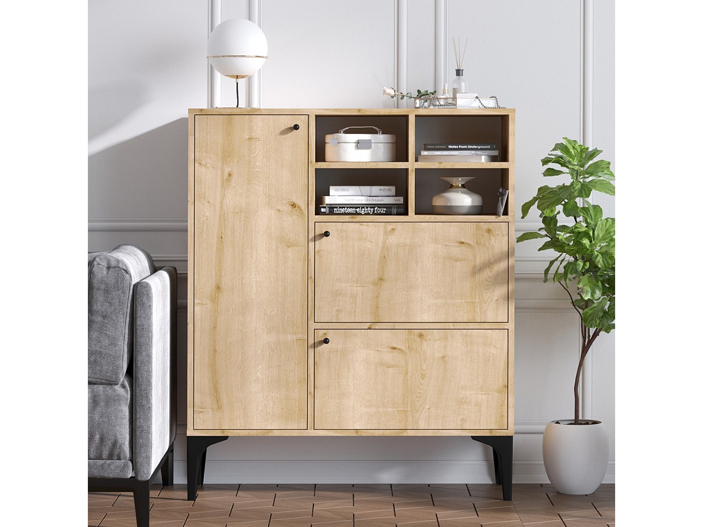 Buffet Alto Roble Zafiro 3 Puertas 4 Nichos Metal Negro 100x125cm