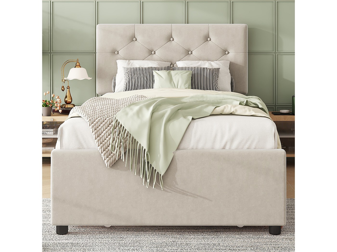 Lit simple en velours avec lit gigogne 90x200cm - Beige