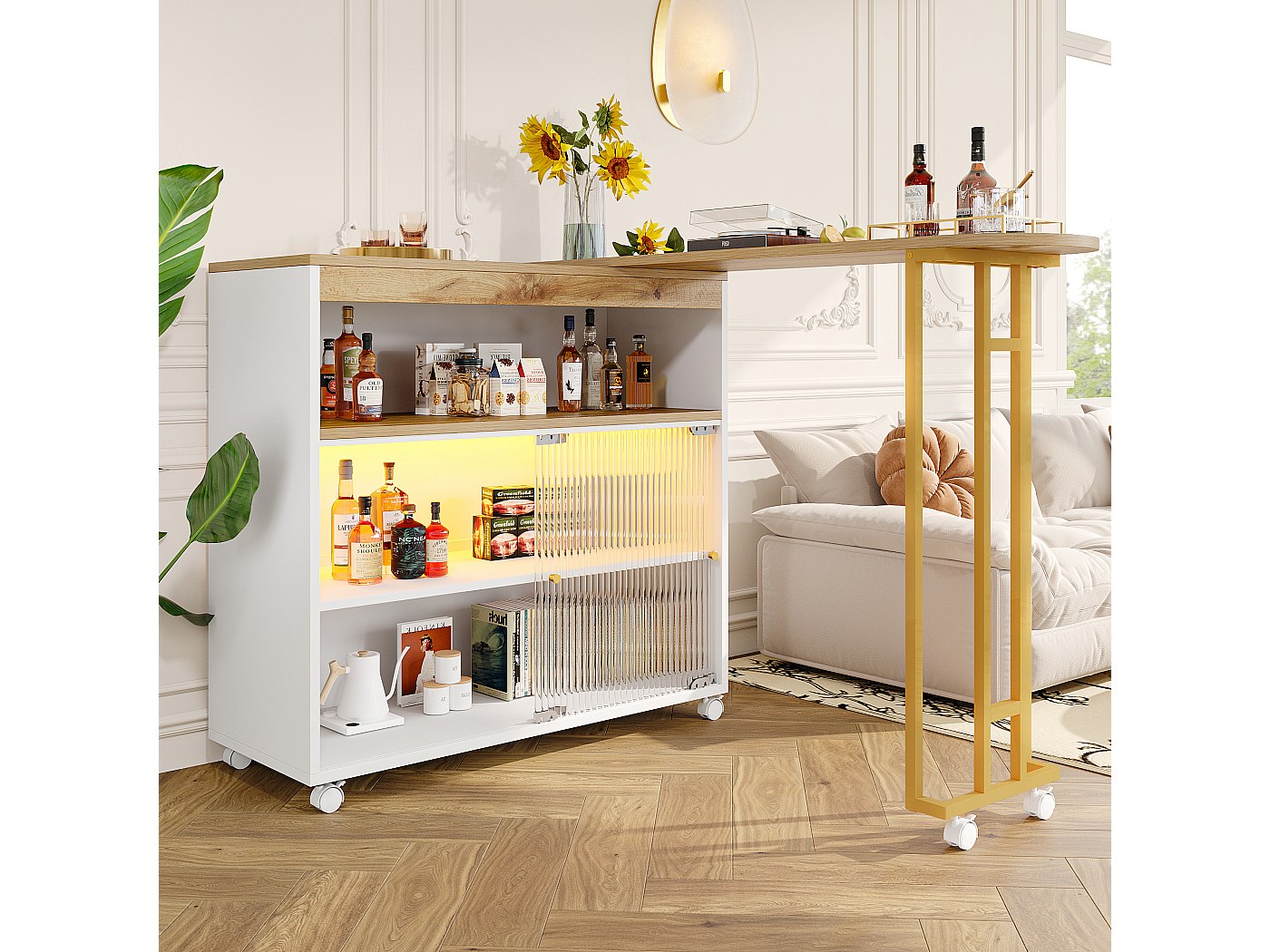 Meuble de bar rotatif - Table de bar extensible avec éclairage LED et ...