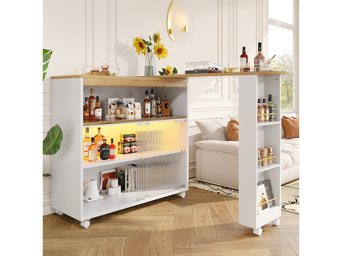 Mueble bar giratorio - Mesa de bar extensible con iluminación LED y ...
