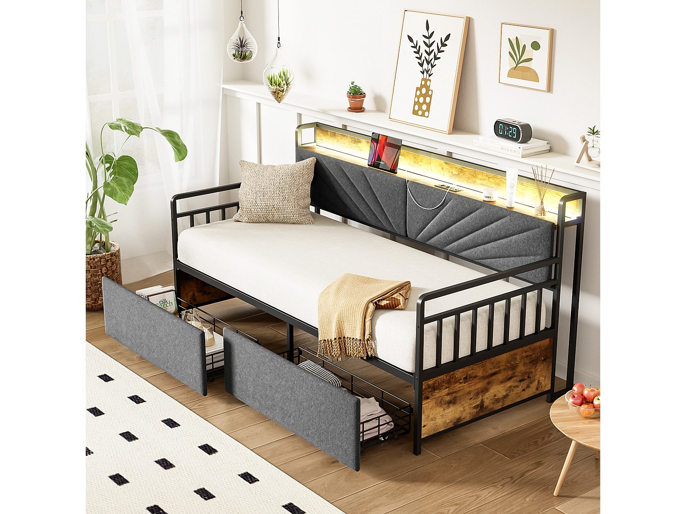 Daybed 90x200 cm - Cama individual con iluminación LED y 2 cajones - estantería de almacenaje y ...