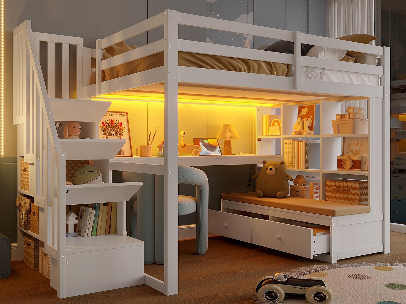 Letto a soppalco per bambini 140x200 cm - con scrivania e scaffale - 2 ...