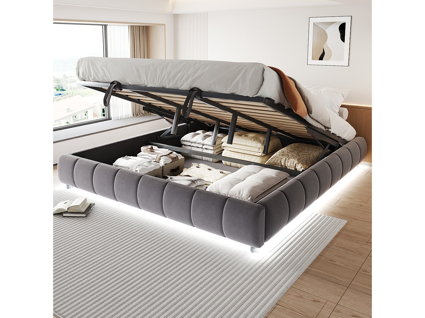 Cama estofada com arrumação - 180 x 200 cm - sem cabeceira - com LEDs ...
