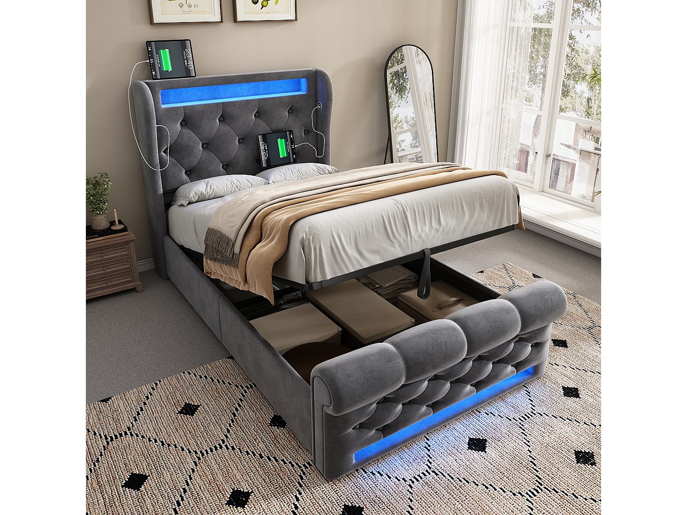 Letto contenitore imbottito - 90 x 200 cm - con LED - testiera ...