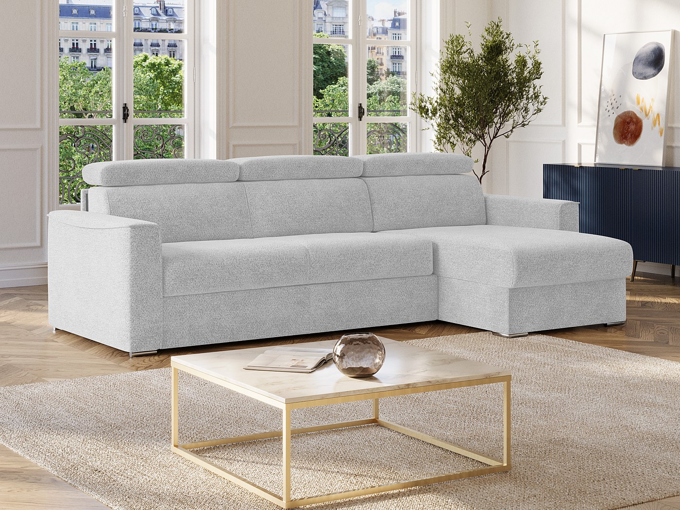 Sofá esquinero reversible convertible tipo italiano en tela gris claro - Cama 160 cm VIZIR