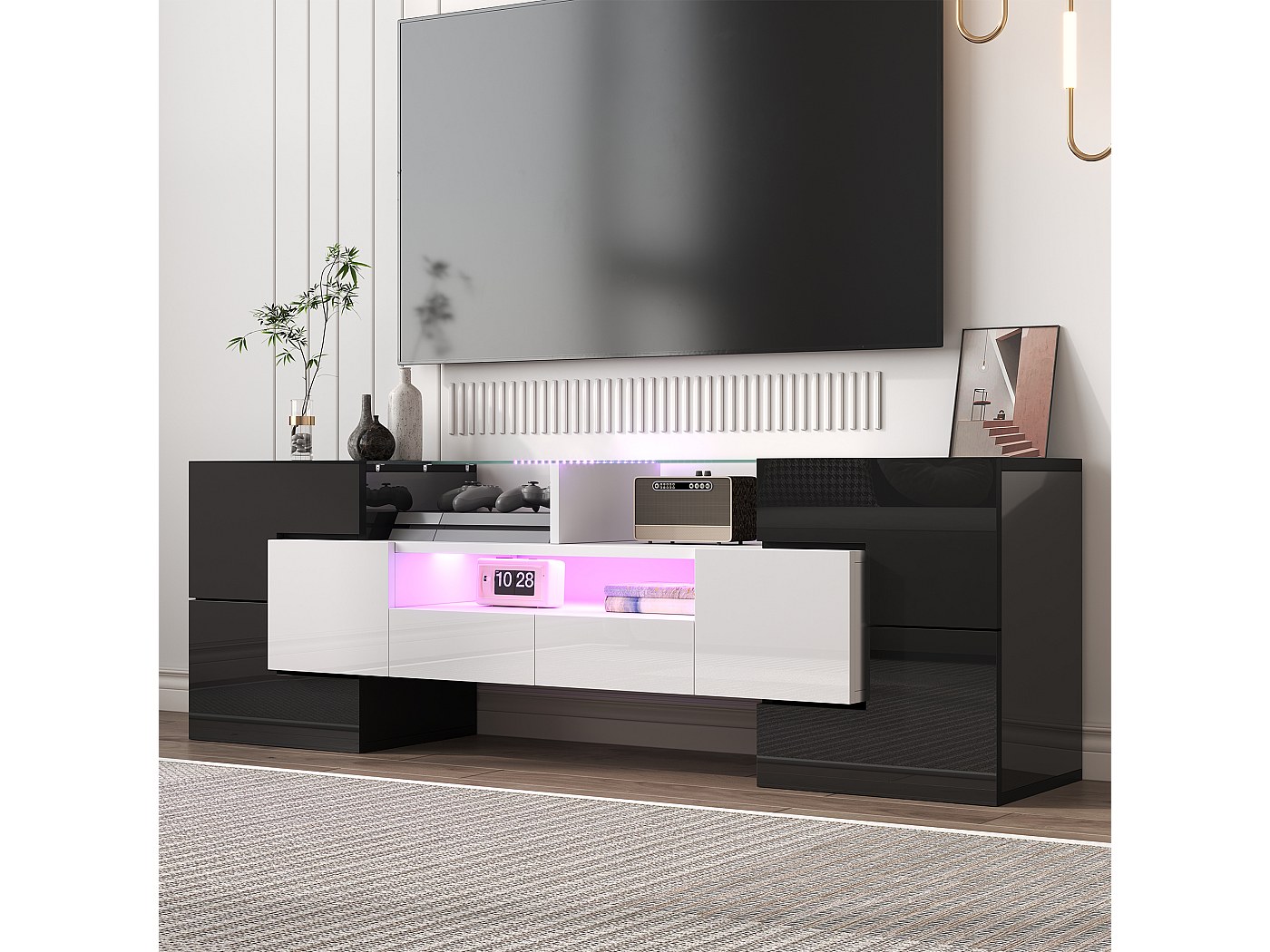 Moderne Banc TV Haute Brillance avec LED, 4 Portes e 2 Tiroirs Meuble ...