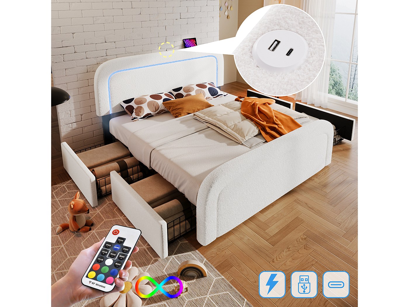 Struttura letto con ricarica USB-C,illuminazione a LED e 4 cassetti ...
