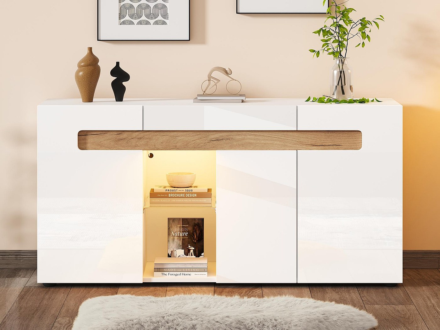 Buffet moderno 140x40x70 cm - con illuminazione LED - con 3 porte - bianco