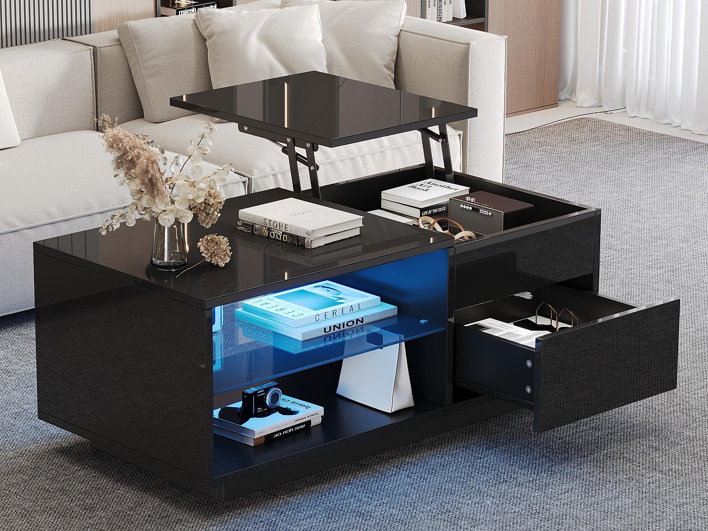 Table basse réglable en hauteur - avec éclairage LED - avec 1 tiroir ...