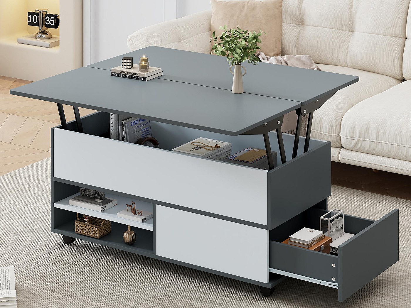 Table basse réglable 100x98x65cm - avec rangement et étagères - avec ...