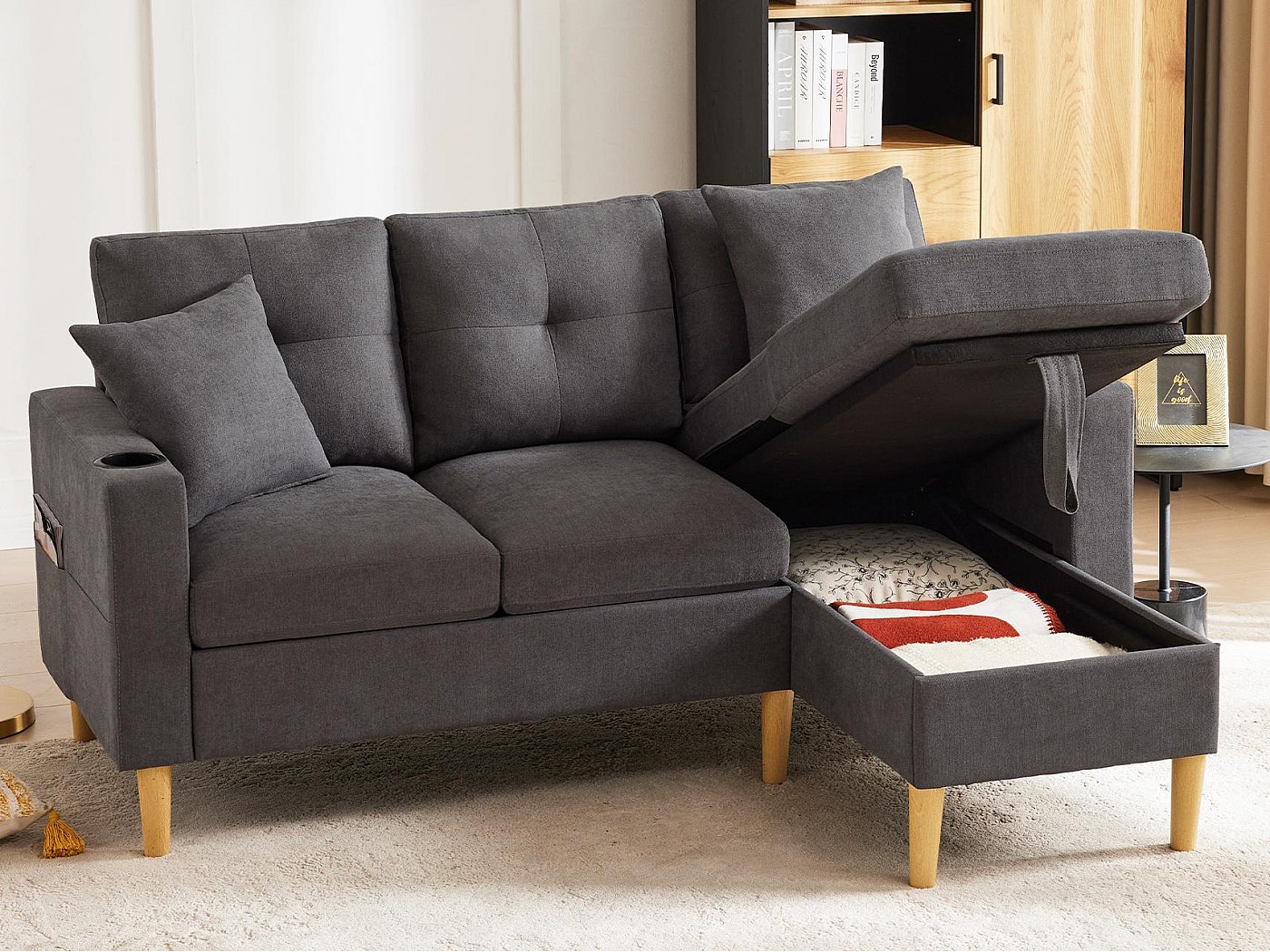 Canapé 3 places moderne en L - avec 2 porte-gobelets - 2 coussins ...