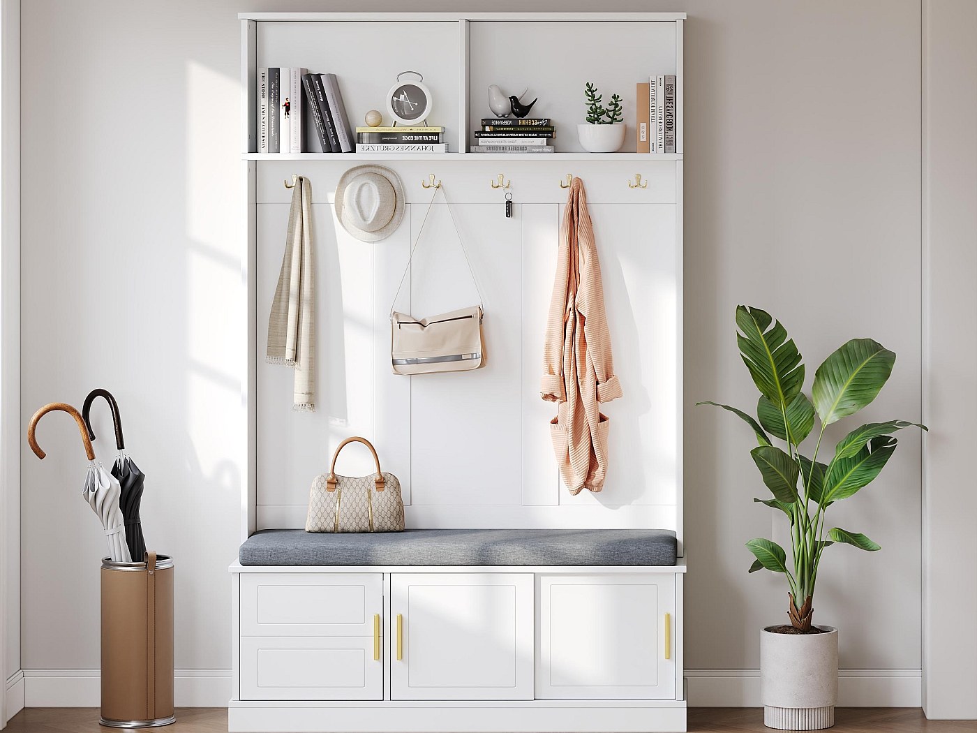 Moderne hal - met 6 haken en 3 deuren - met bank en open planken - Wit