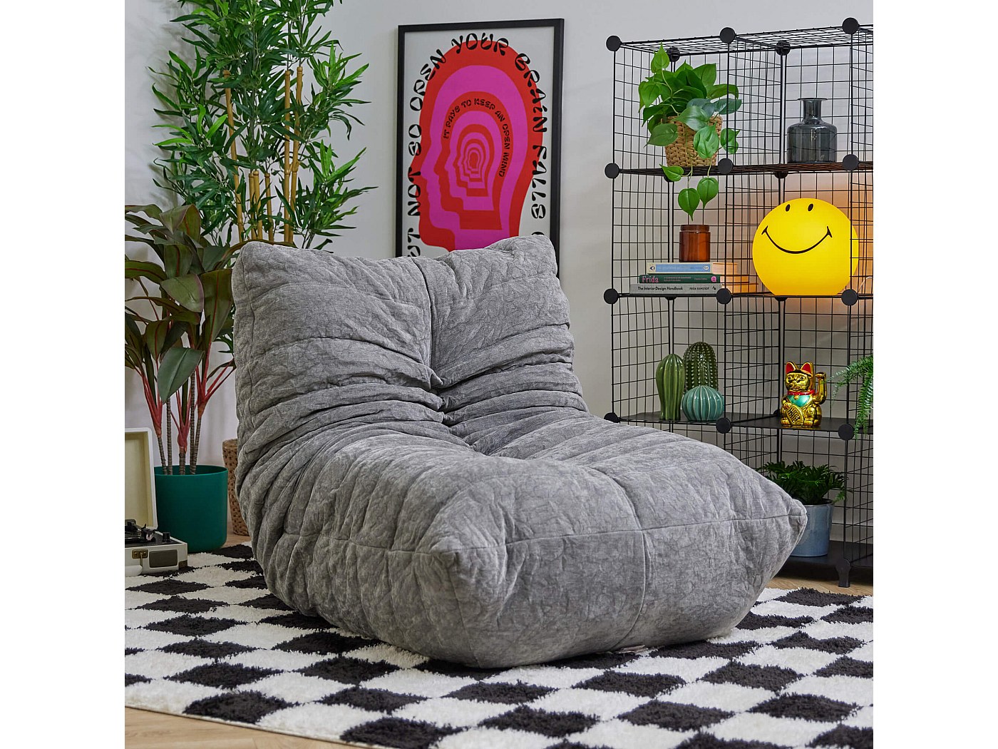 Pouf chauffeuse en tissu chenille garni de mousse extensible, gris - ENZO