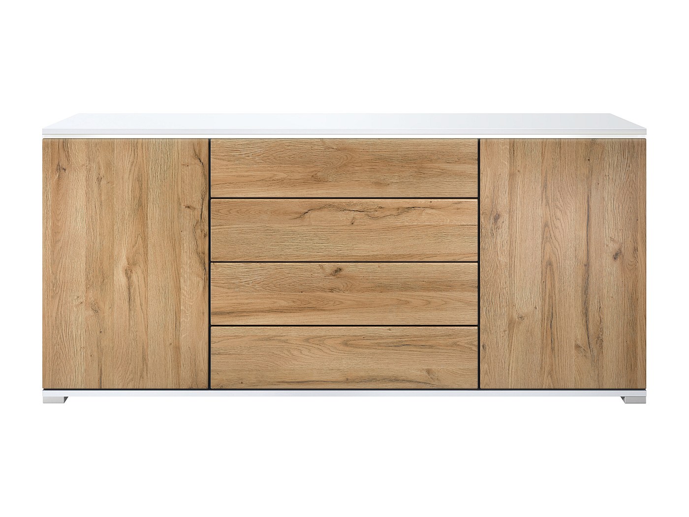 Buffet Faro V2, Commode avec 2 portes et 4 tiroirs, Blanc mat/chêne ...