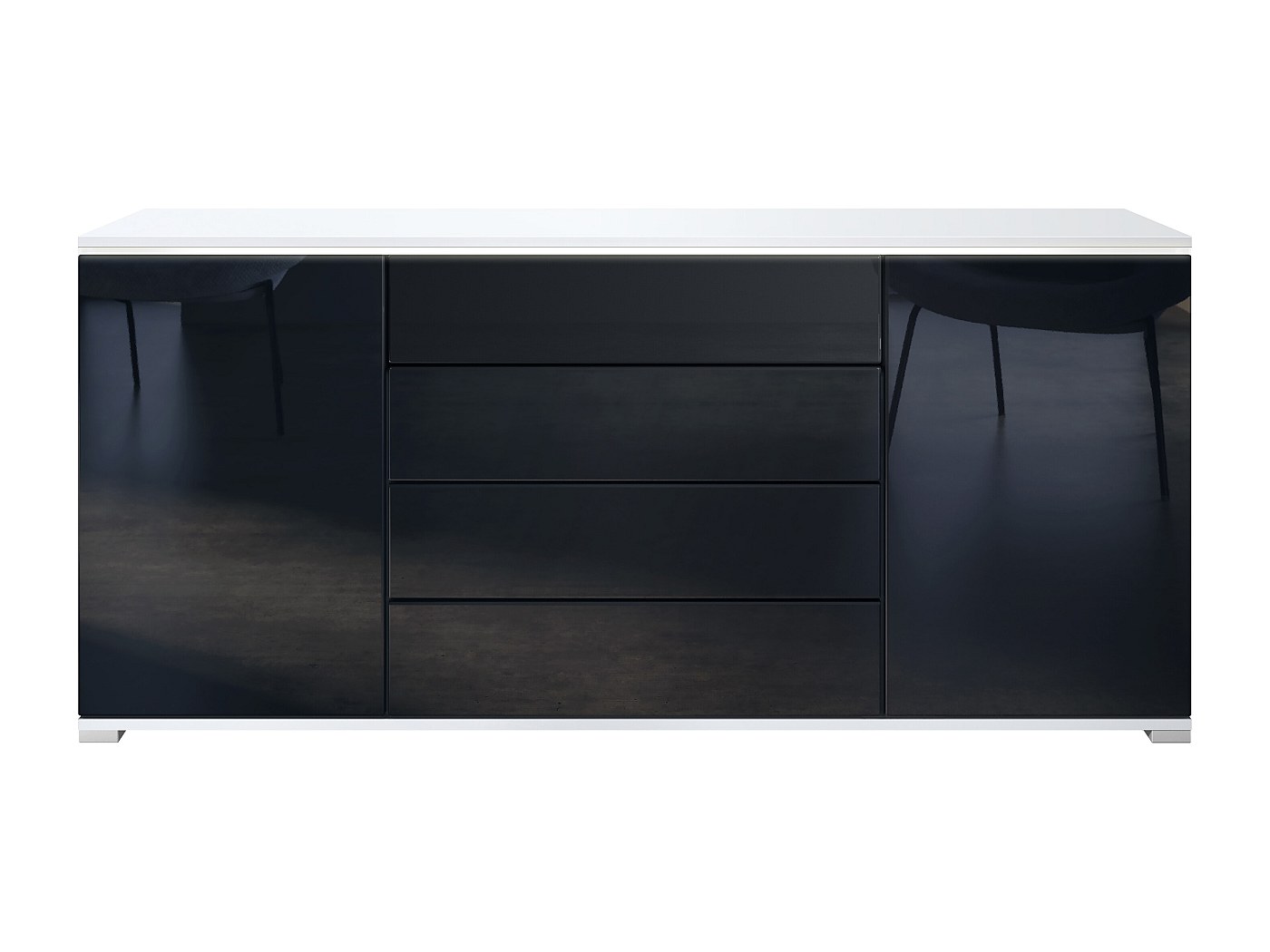 Buffet Faro V2, Commode avec 2 portes et 4 tiroirs, Blanc mat/noir ...