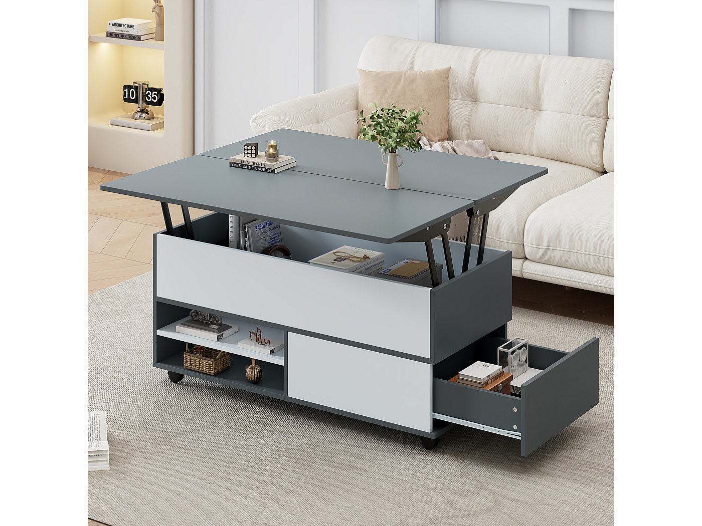 Table basse relevable - 100 x 98 x 65 cm - avec rangement + étagère ...