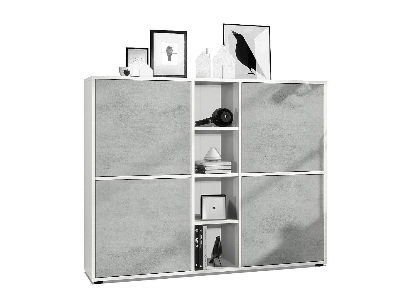 Highboard Cuba V3, blanc mat/aspect béton oxyde - Buffet moderne à 12 ...