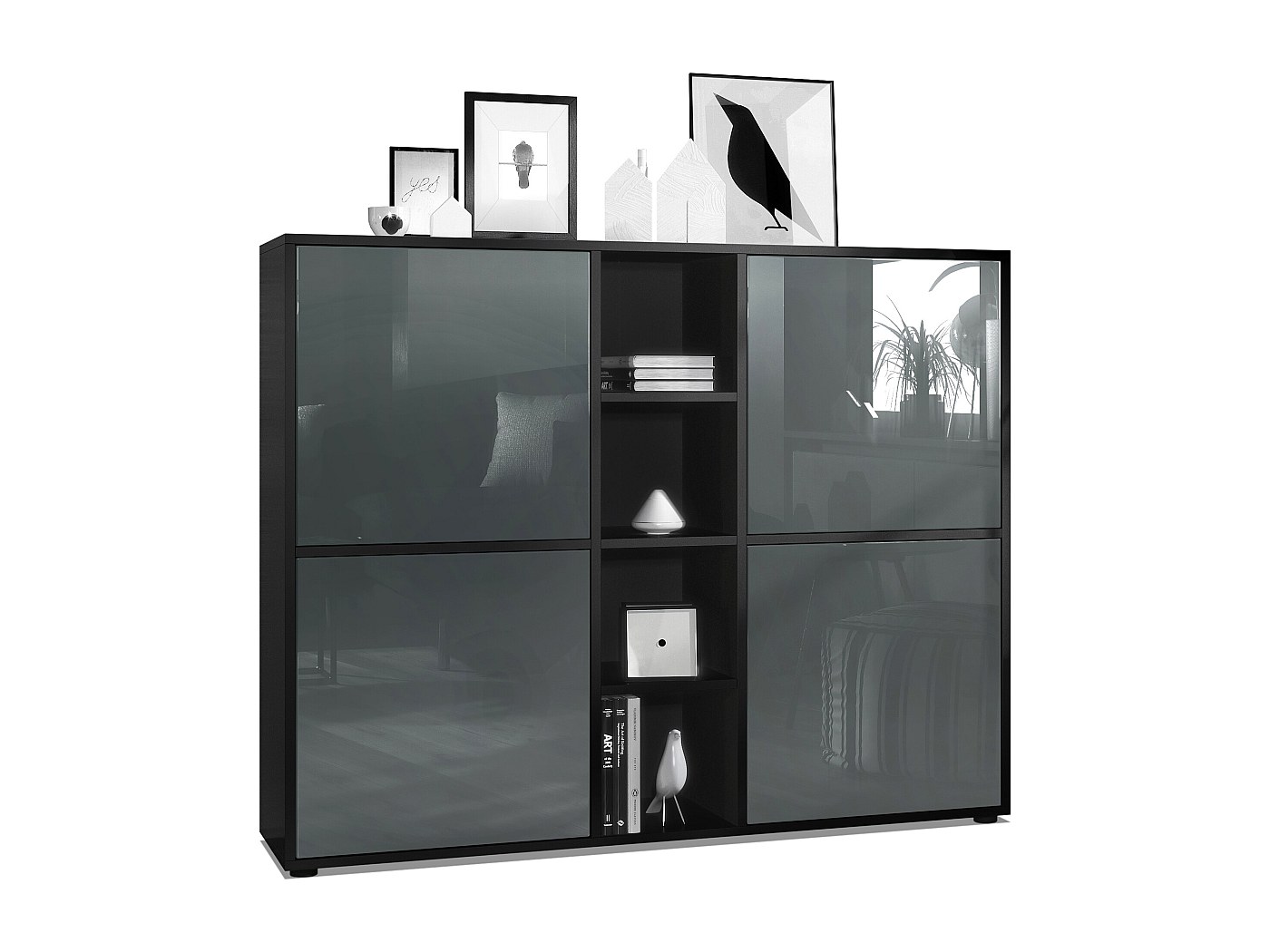 Vladon Credenza Cuba V3, nero opaco/grigio lucido - Credenza moderna ...